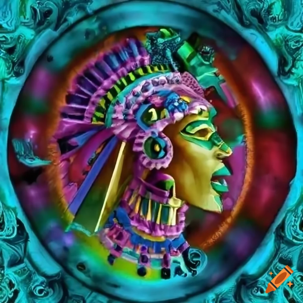 Illustration of an aztec god soaring through the universe on Craiyon