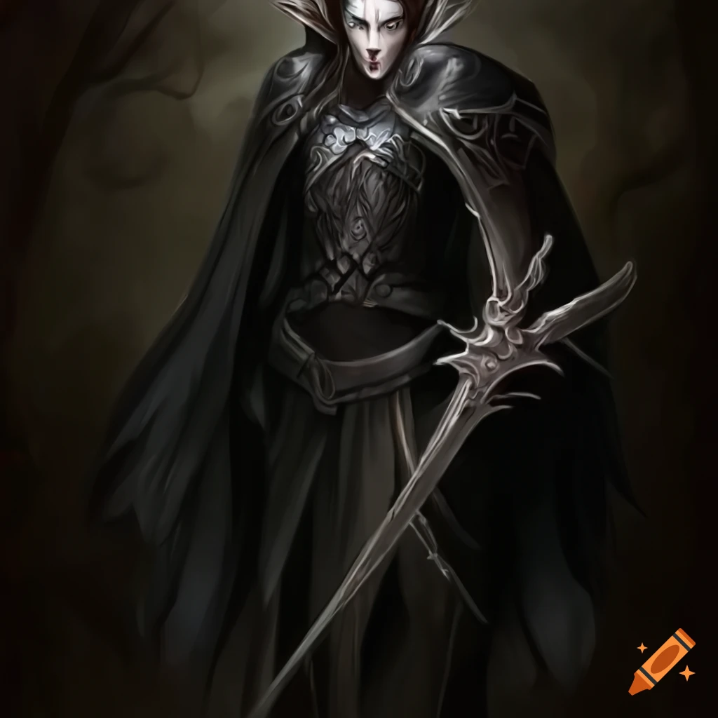 Dark-haired male elf with raven wings and dual elven swords on Craiyon