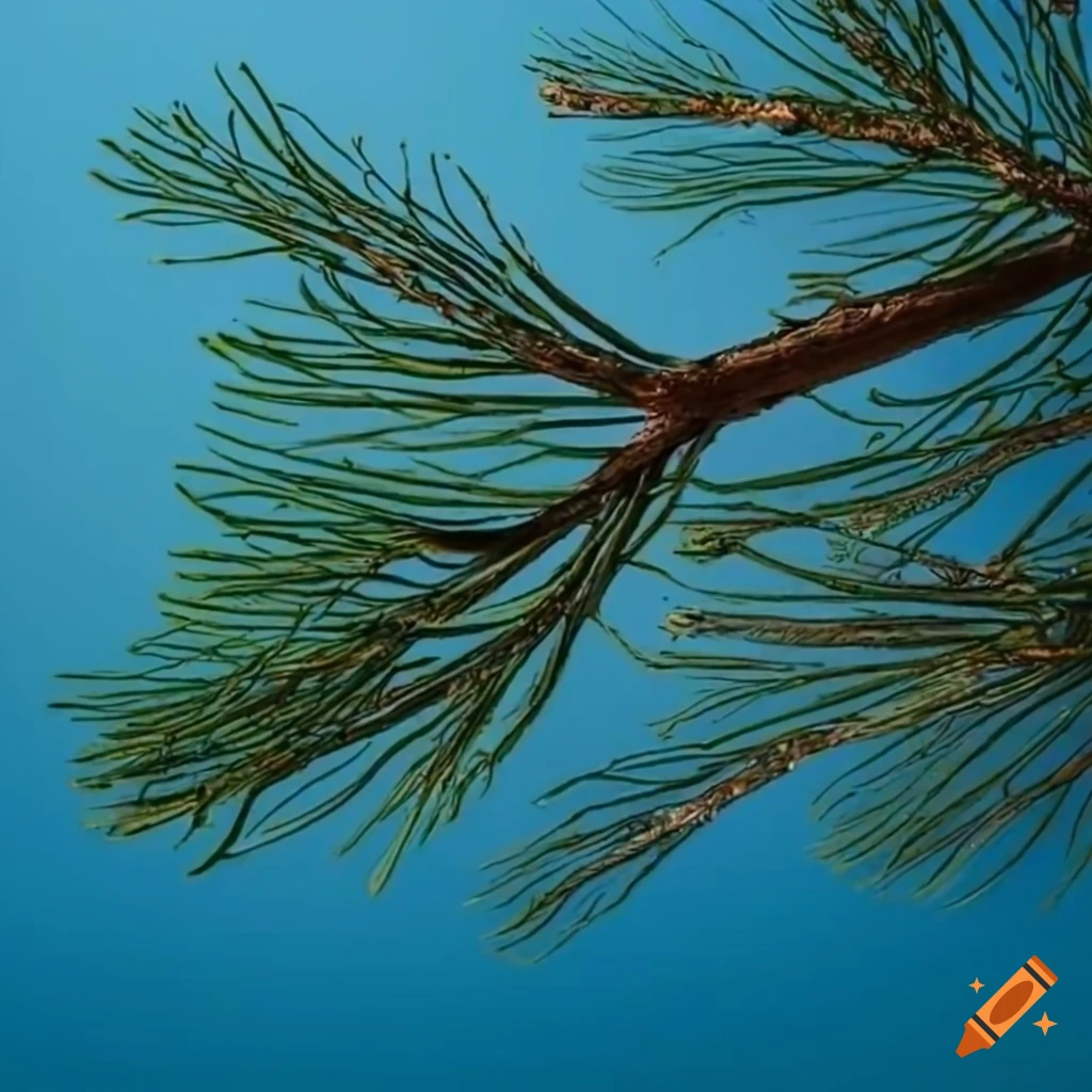 Texture of italian stone pine branch on blue background on Craiyon