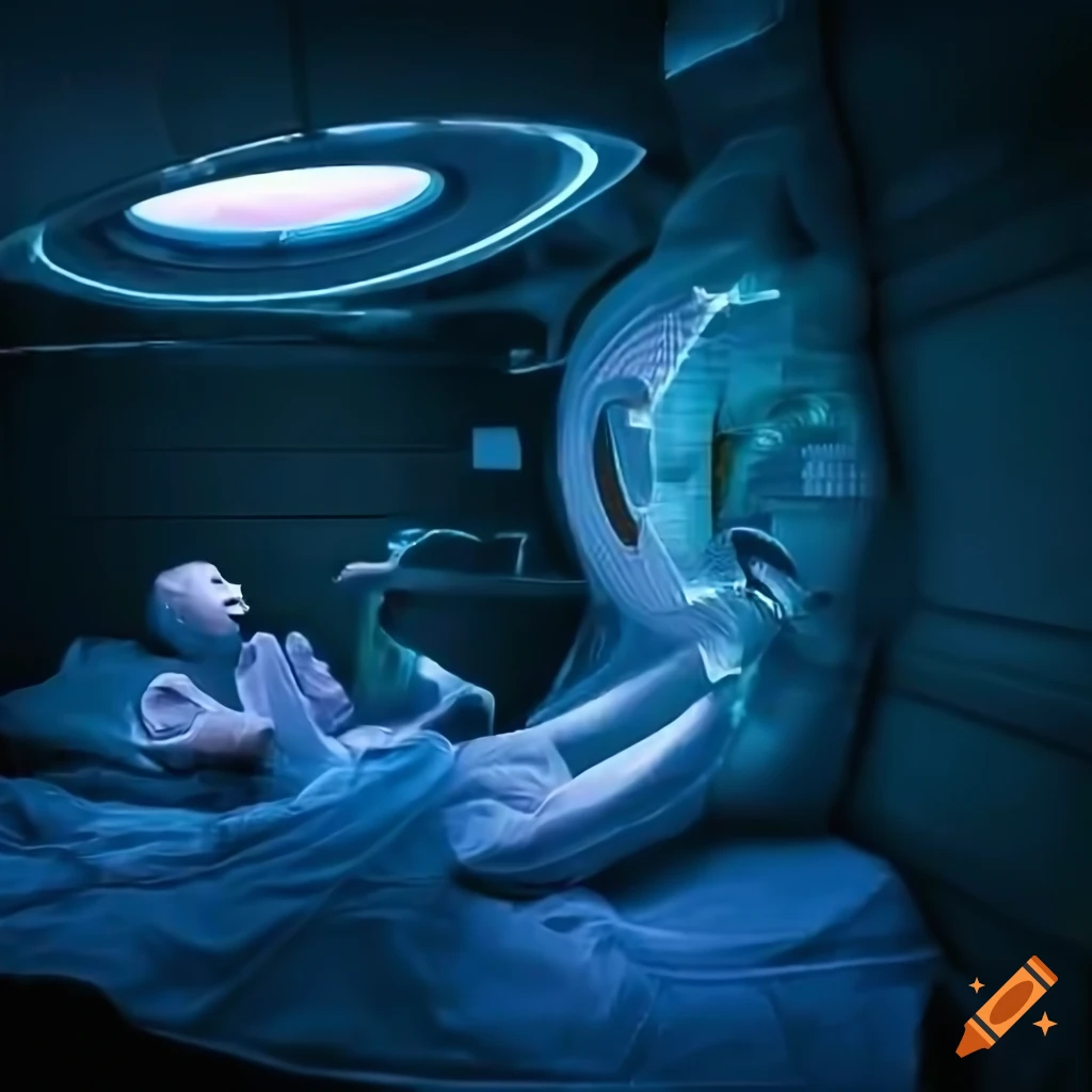 Futuristic operation room with patient and large medical equipment on ...