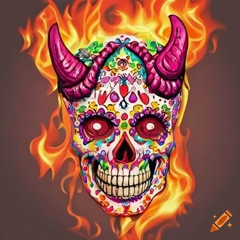 Artistic depiction of a fiery demon skull on Craiyon