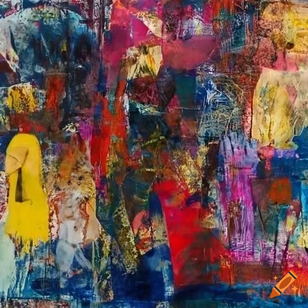 Mixed-media abstract painting with bold lines and fabric elements on ...