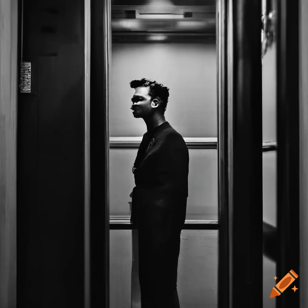 Black and white photograph of a man inside an elevator