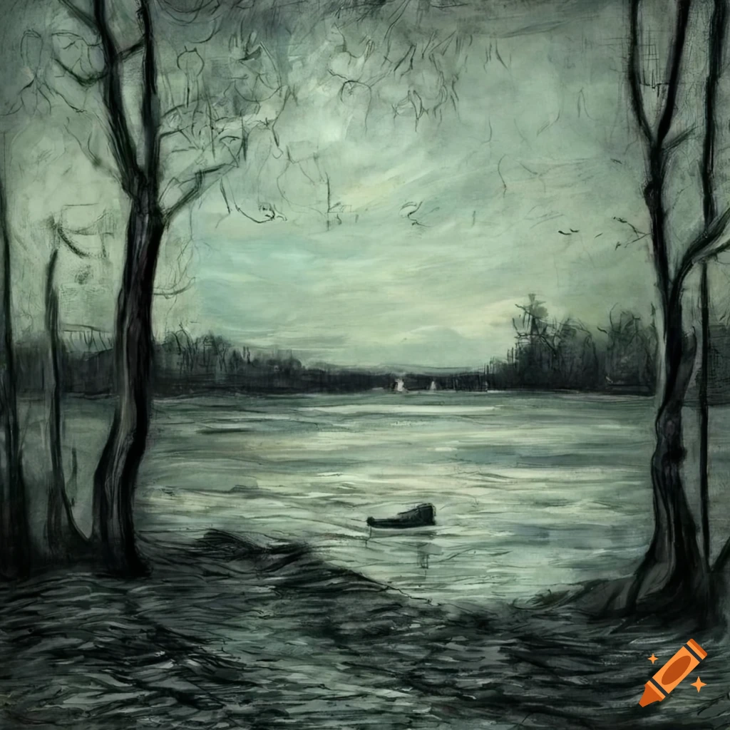 Realistic charcoal drawing of barren poplars by the lake on Craiyon