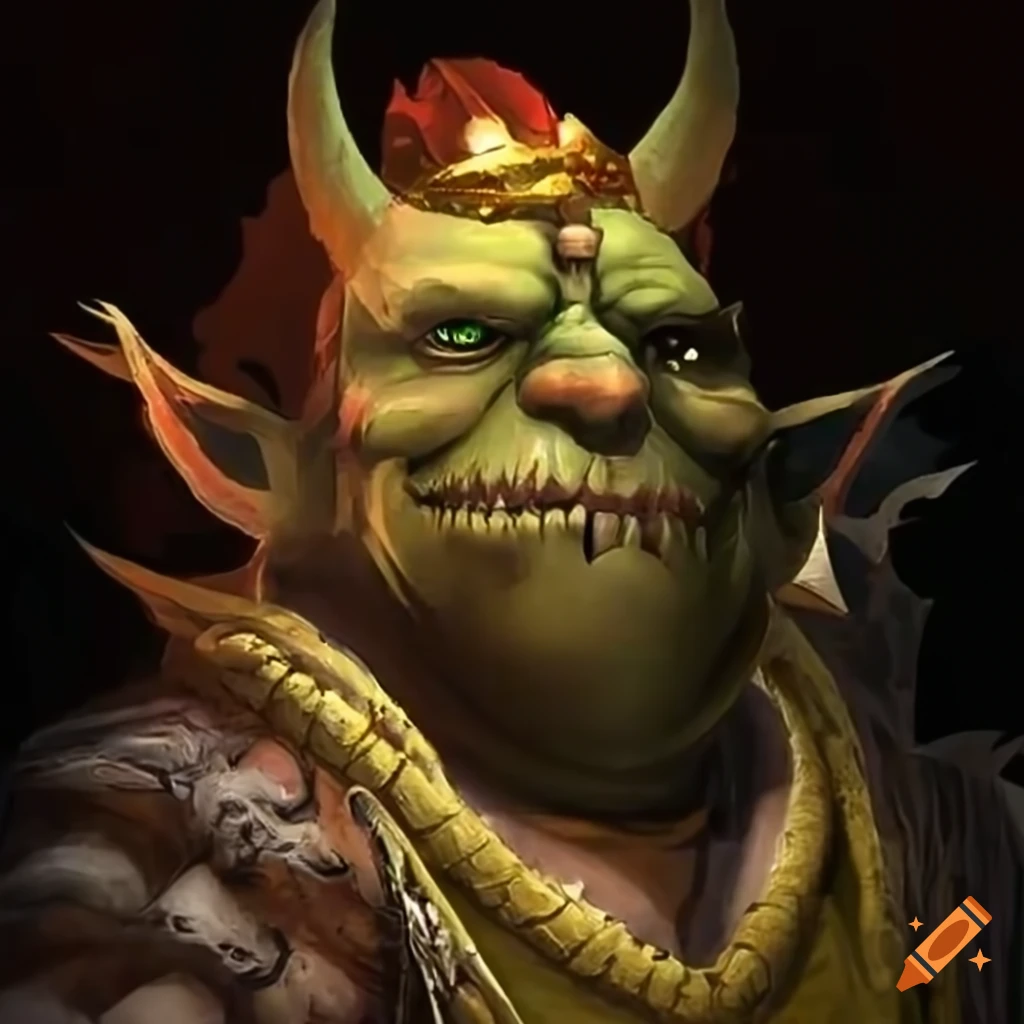 Illustration of a greedy goblin king in a cave