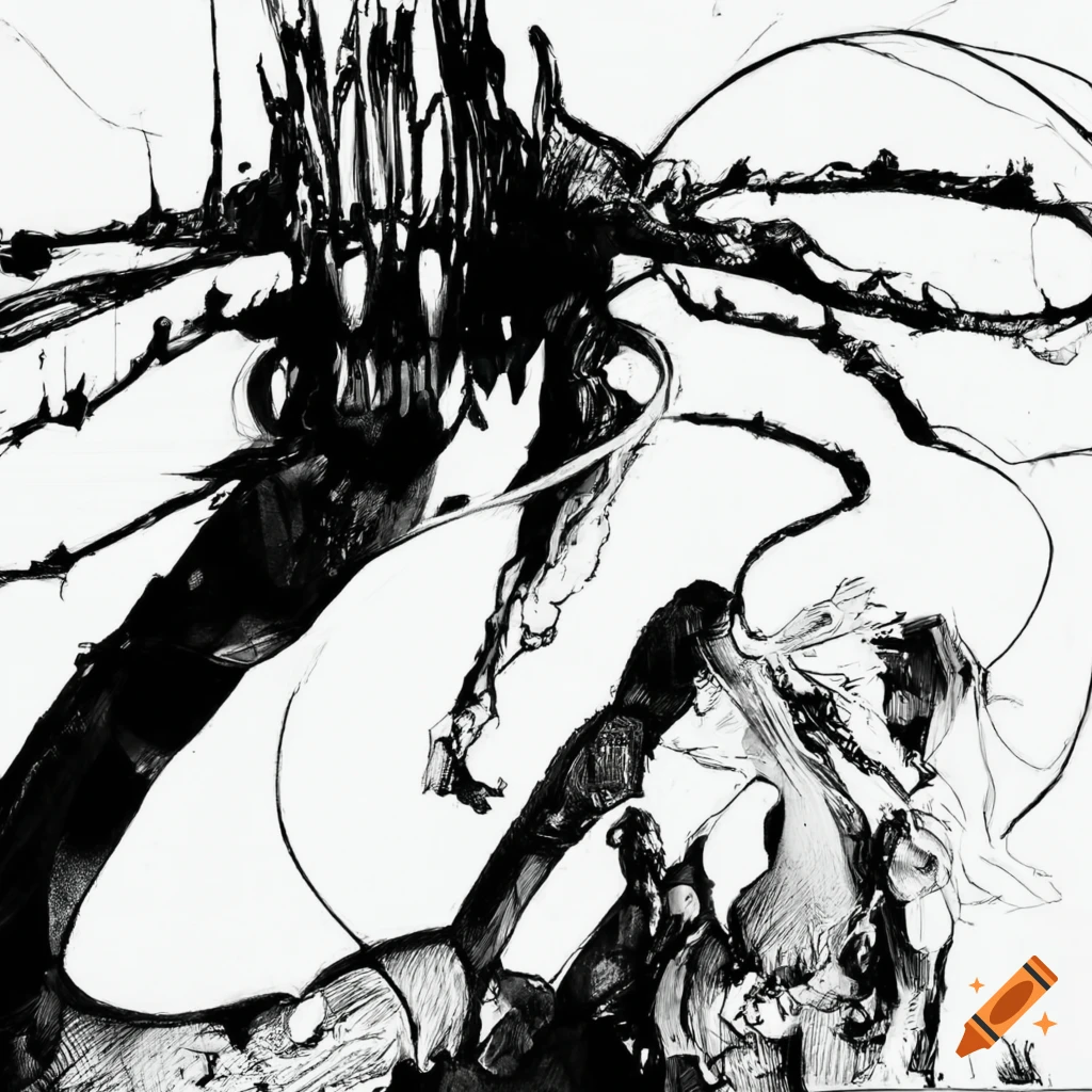 Black and white ink drawing of a creature from blame! manga on Craiyon