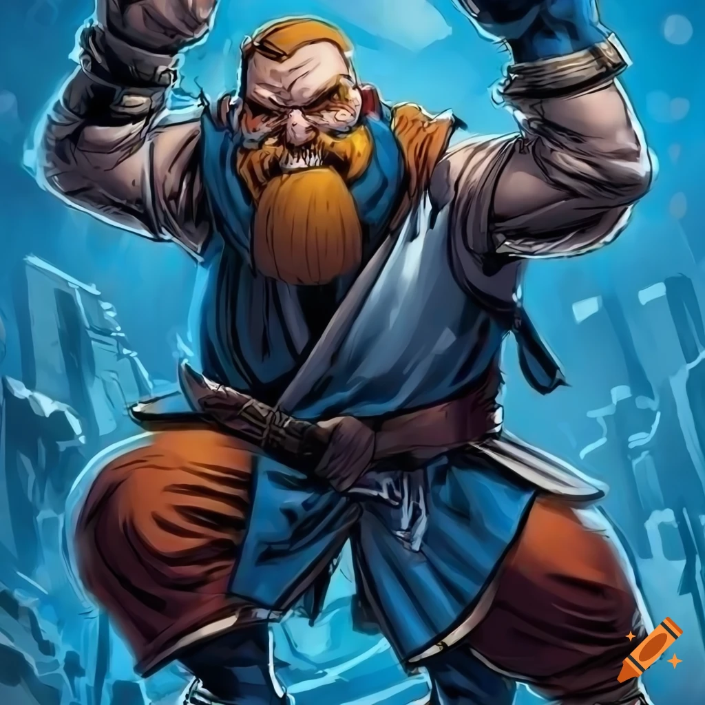 Detailed drawing of a bearded dwarf monk fighter in blue and silver ...