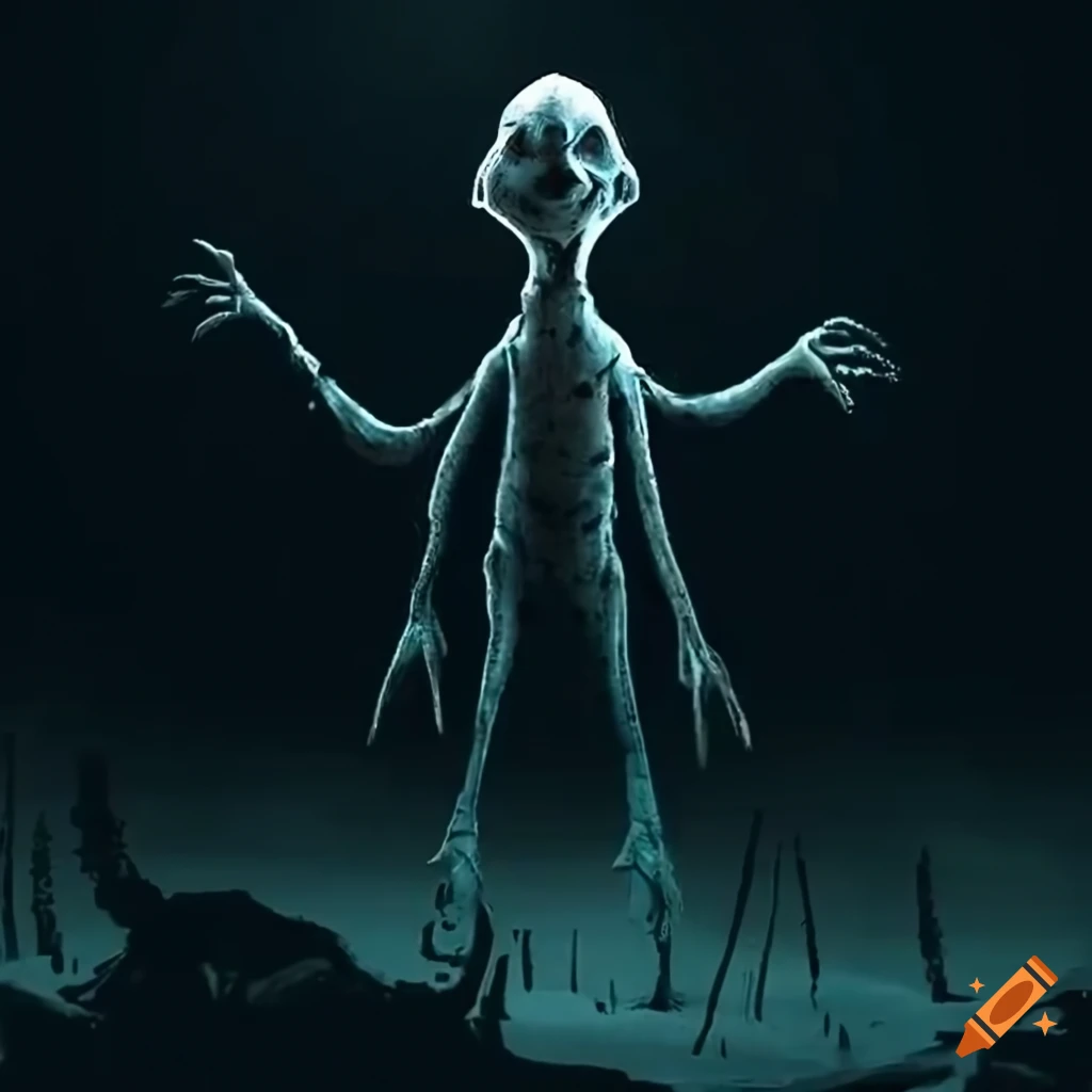 Grey alien with big black eyes and long limbs in mist on Craiyon