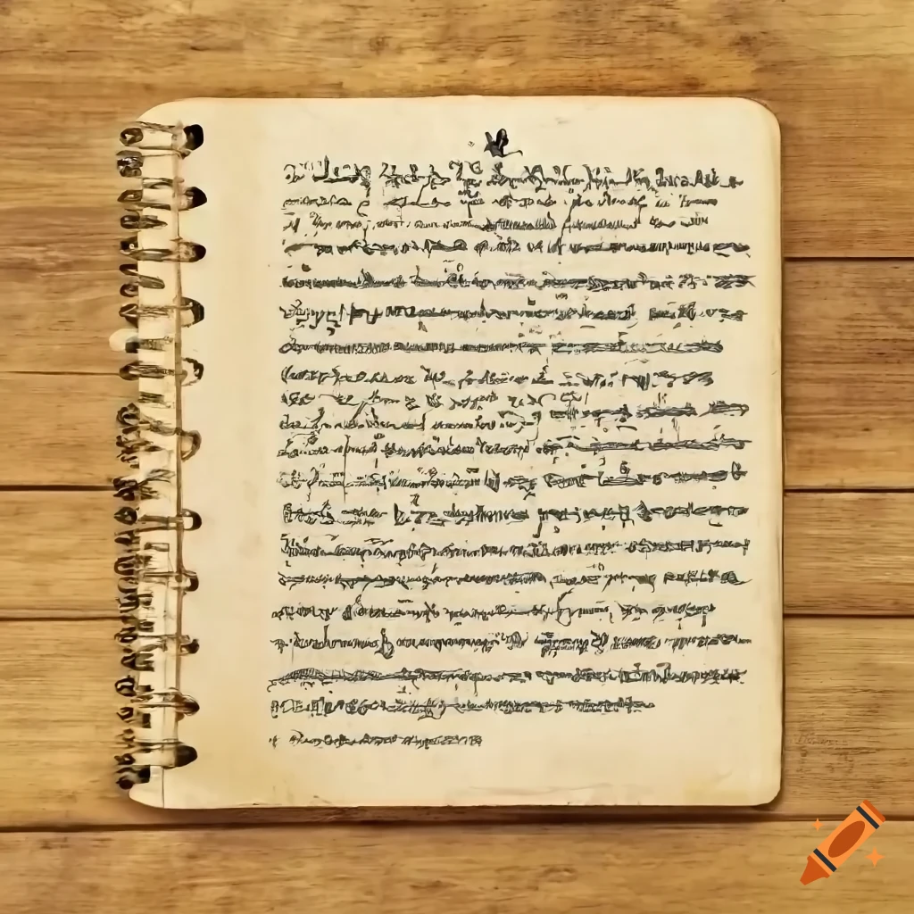 Intricate and mysterious glyphs written in a notebook on Craiyon