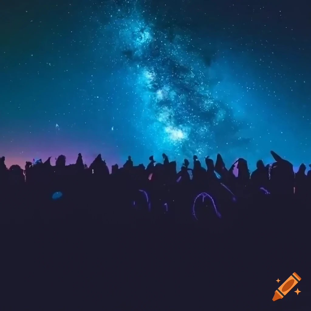 Vibrant neon-lit crowd under a starry night sky on Craiyon