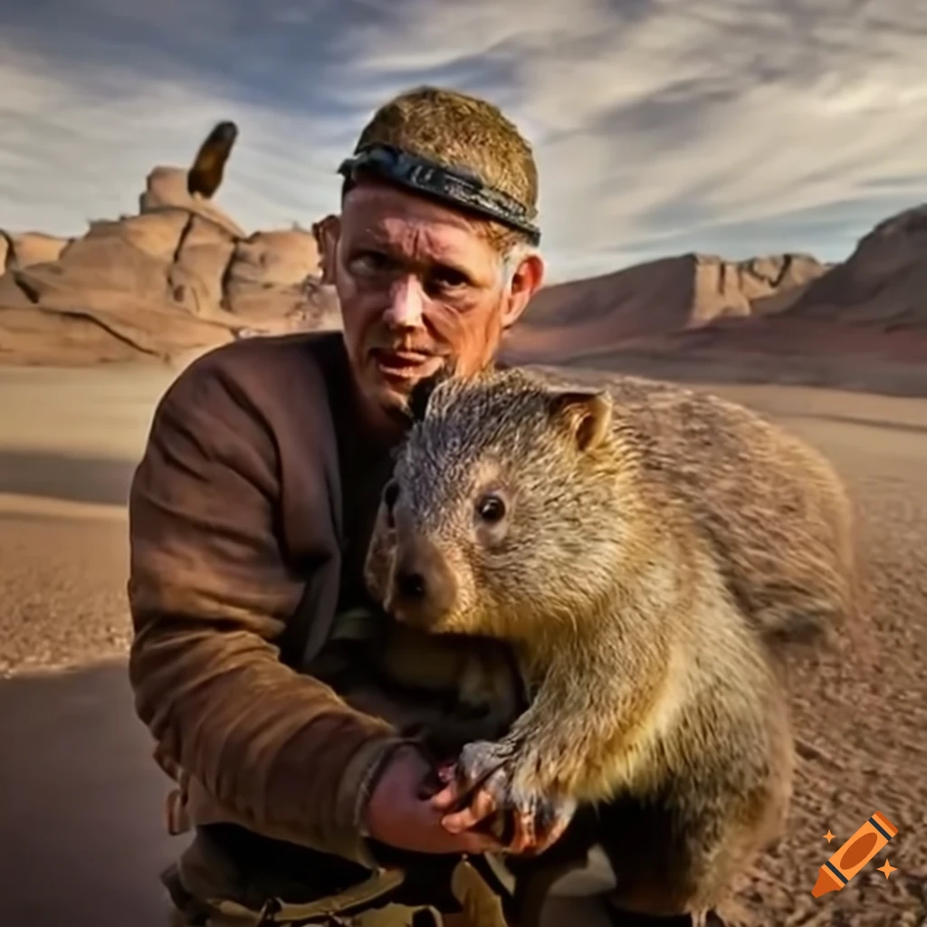 Person with a wombat in a mad max setting
