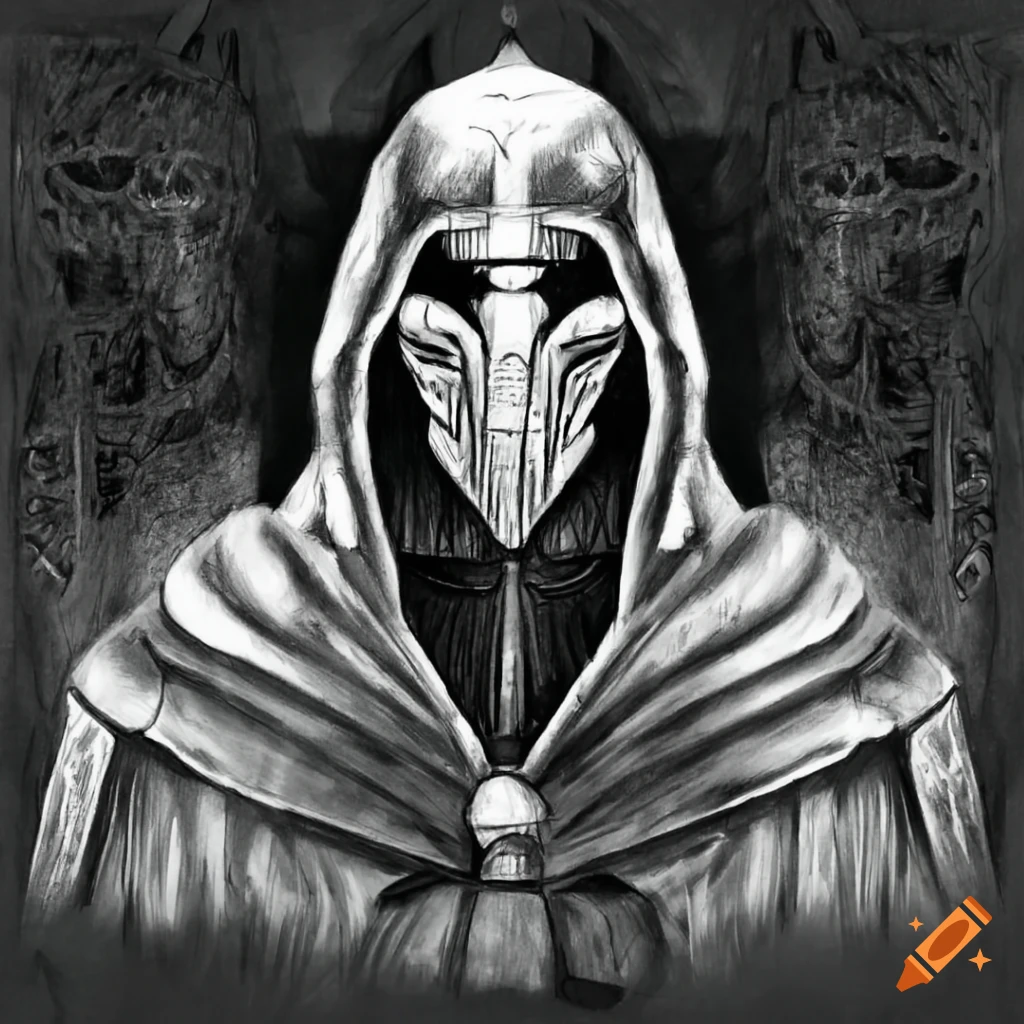 Black and white pencil sketch of a sith lord