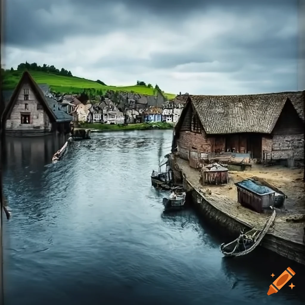 Medieval viking village and harbor at the river mouth on Craiyon
