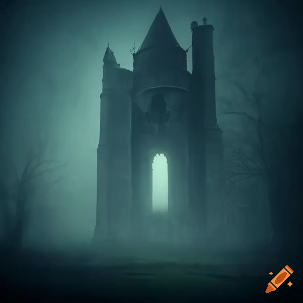 Haunting image of decaying castle in mist on Craiyon