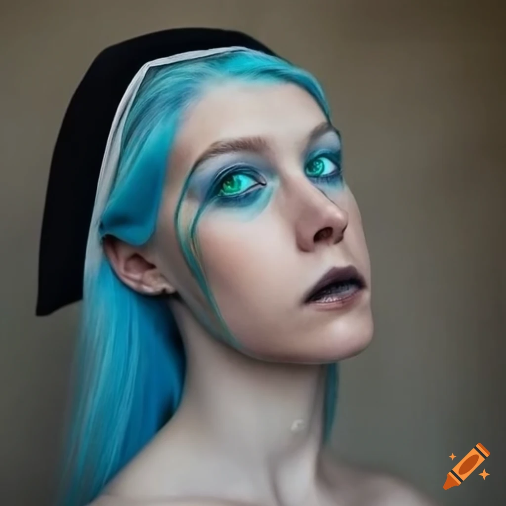 Artwork of a nun with blue hair and green eyes on Craiyon