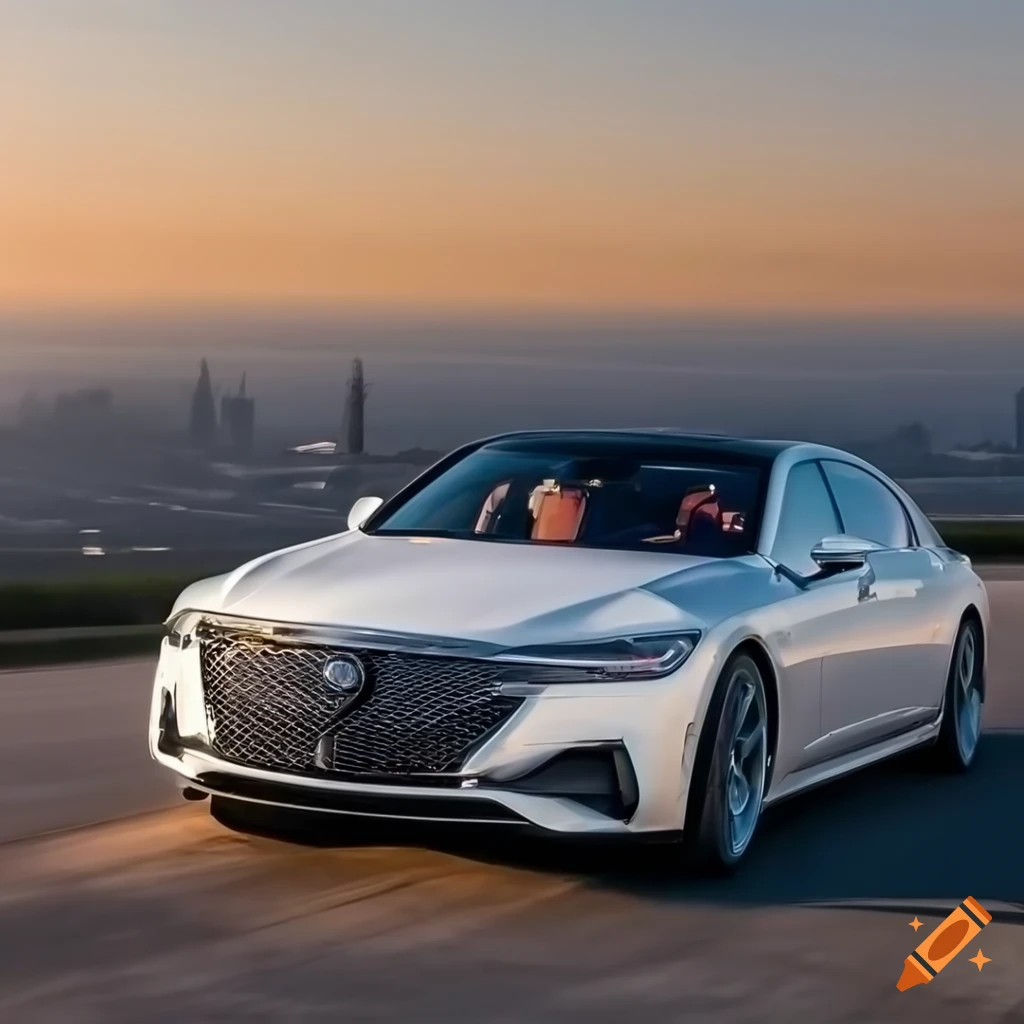 Front view of an american luxury sedan driving in foggy los angeles at ...