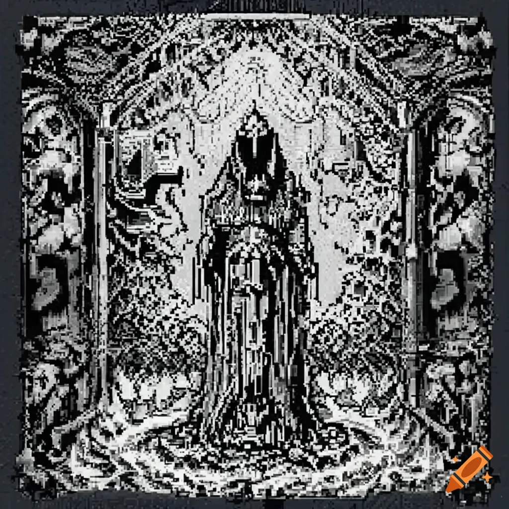 Black and white pixel art of a Nazgul in an adventure on Craiyon