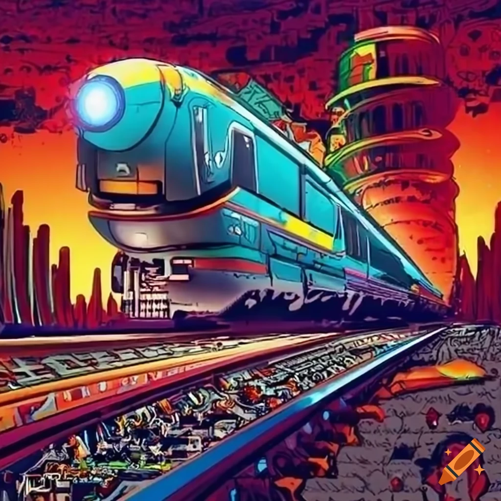 Comic style hype train with science and tech elements on Craiyon