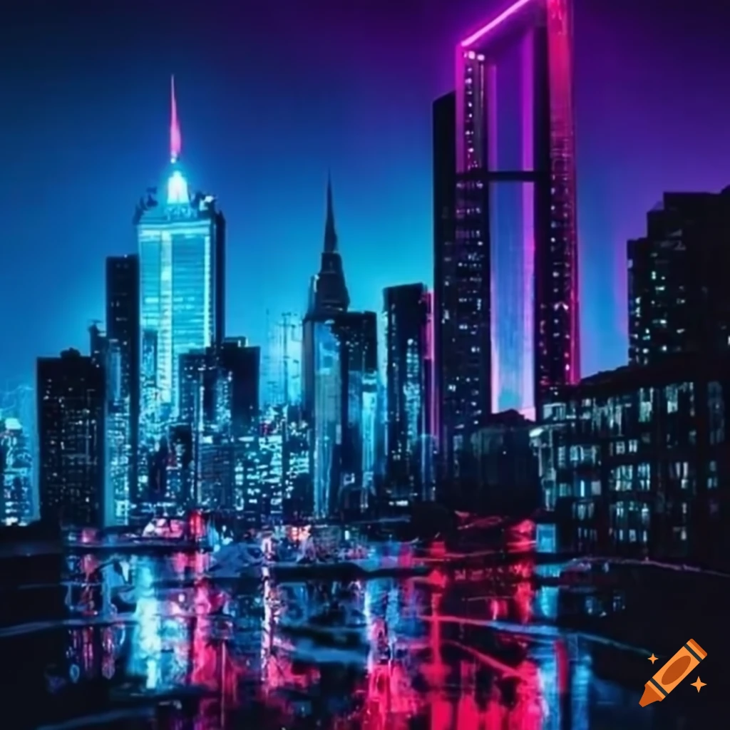 Urban skyline at night with stunning neon lights on Craiyon