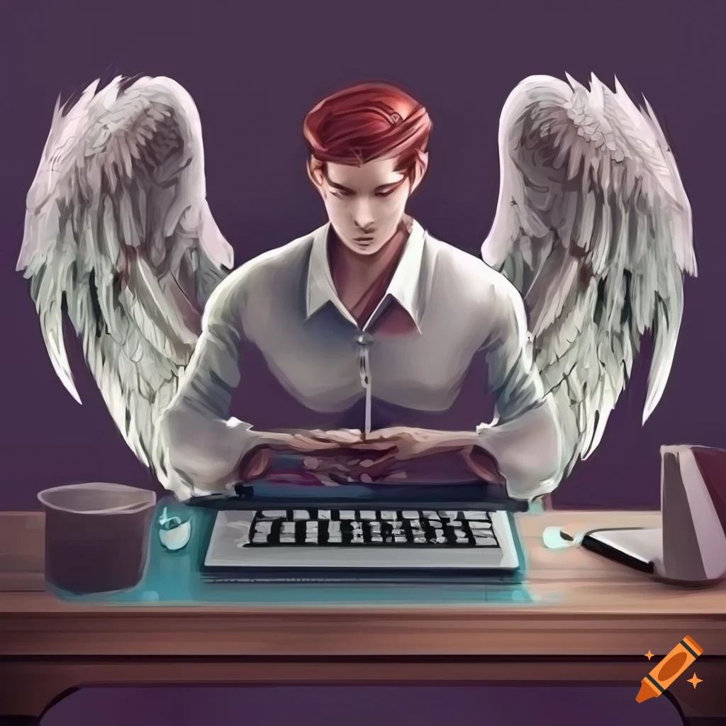 Digital art of a male angel typing on a computer in an office on Craiyon