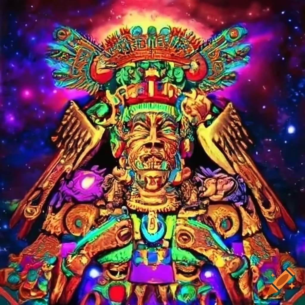 Illustration of an aztec god soaring through the universe on Craiyon