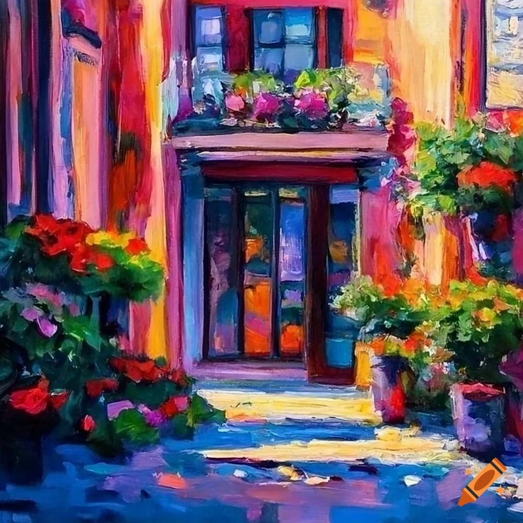 Impressionist painting of a building with flower-filled balconies on ...