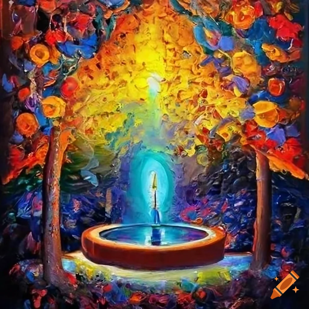 Balboa park fountain with flowers, birds, and sun in anime aesthetic on ...