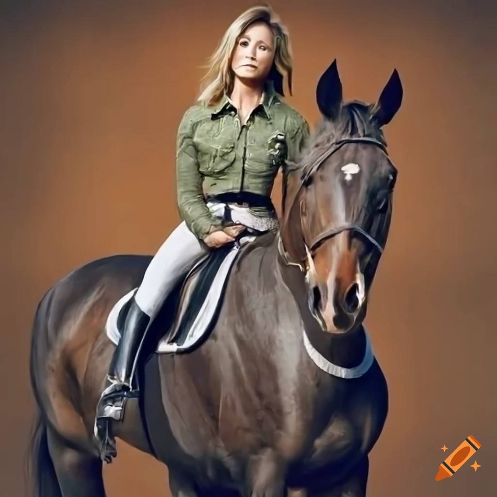 Detailed photograph of Jennifer Aniston riding a horse on Craiyon