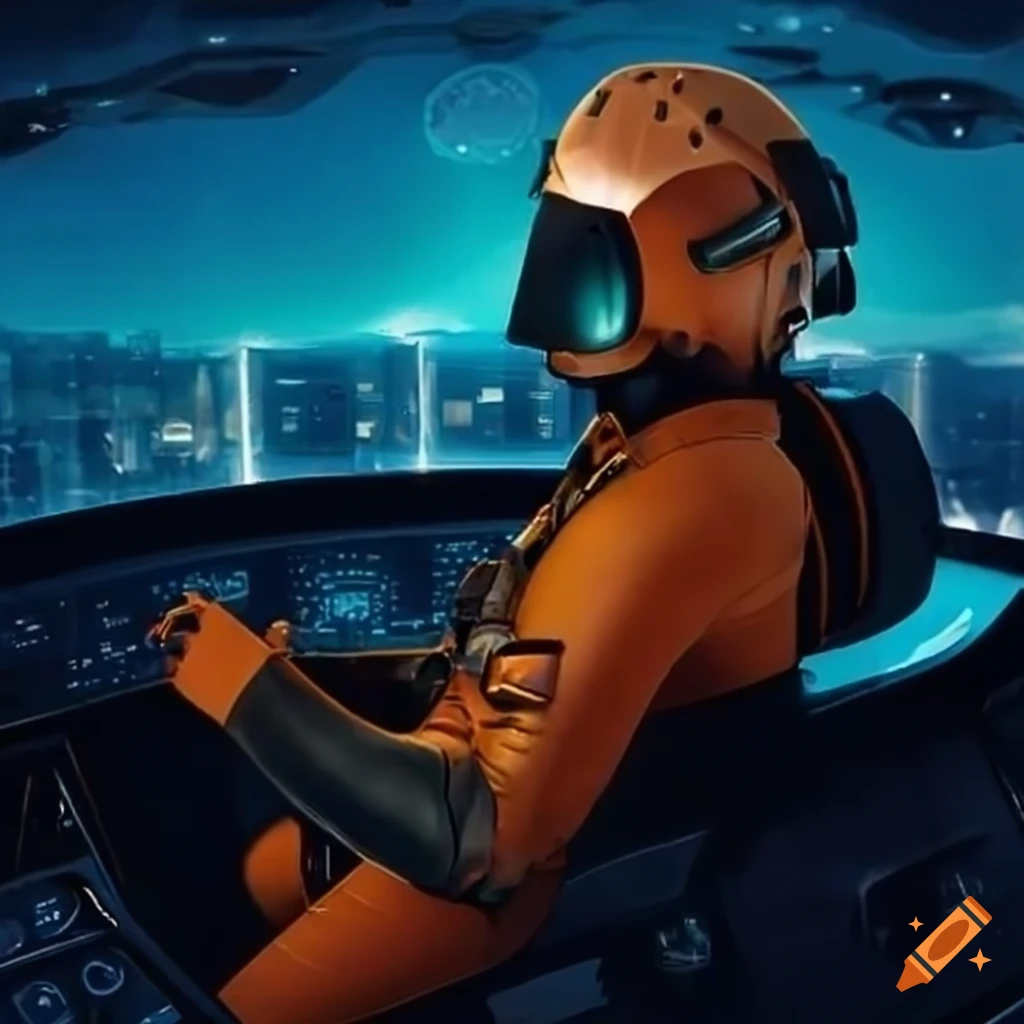 Futuristic cockpit with a human pilot on Craiyon