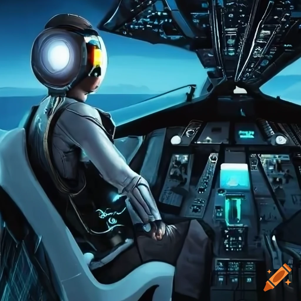Futuristic cockpit with a human pilot on Craiyon