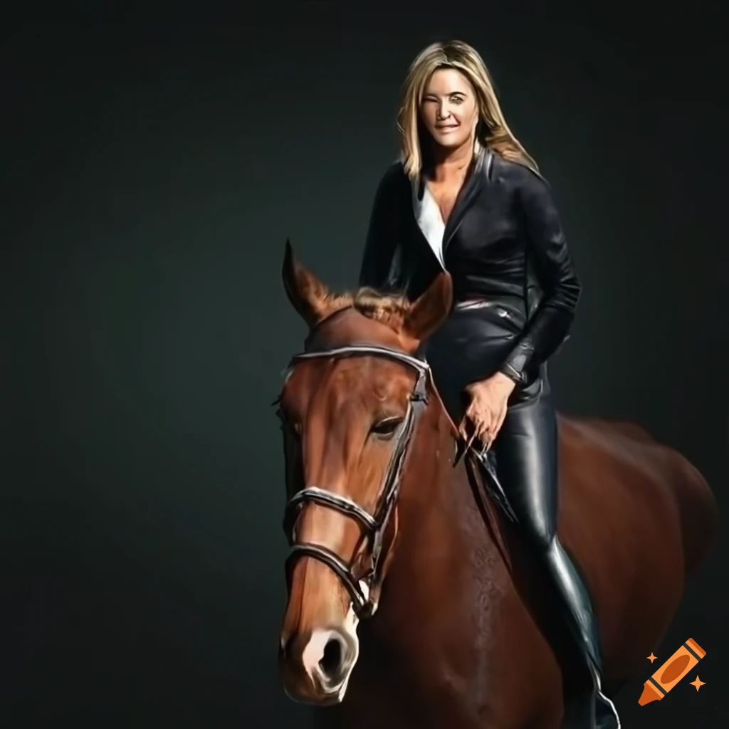 Hyperrealistic photograph of jennifer aniston riding a horse