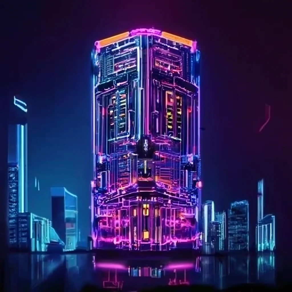 Neon cityscape with glowing motherboard tower on Craiyon