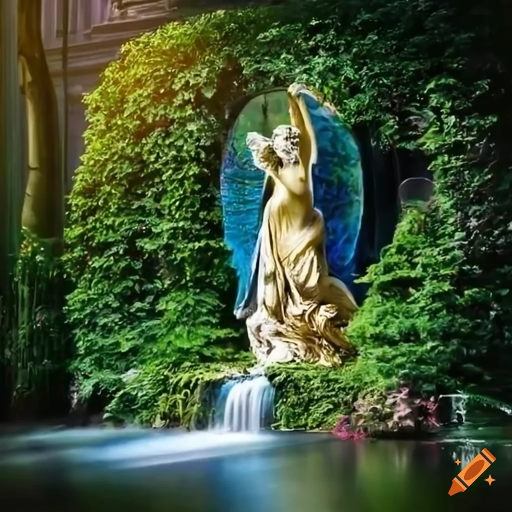 Painting of a Victorian garden with gold angel statues and a waterfall ...