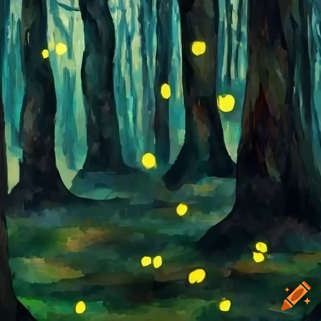 Watercolor painting of a dark swamp with fireflies in an aesthetic ...