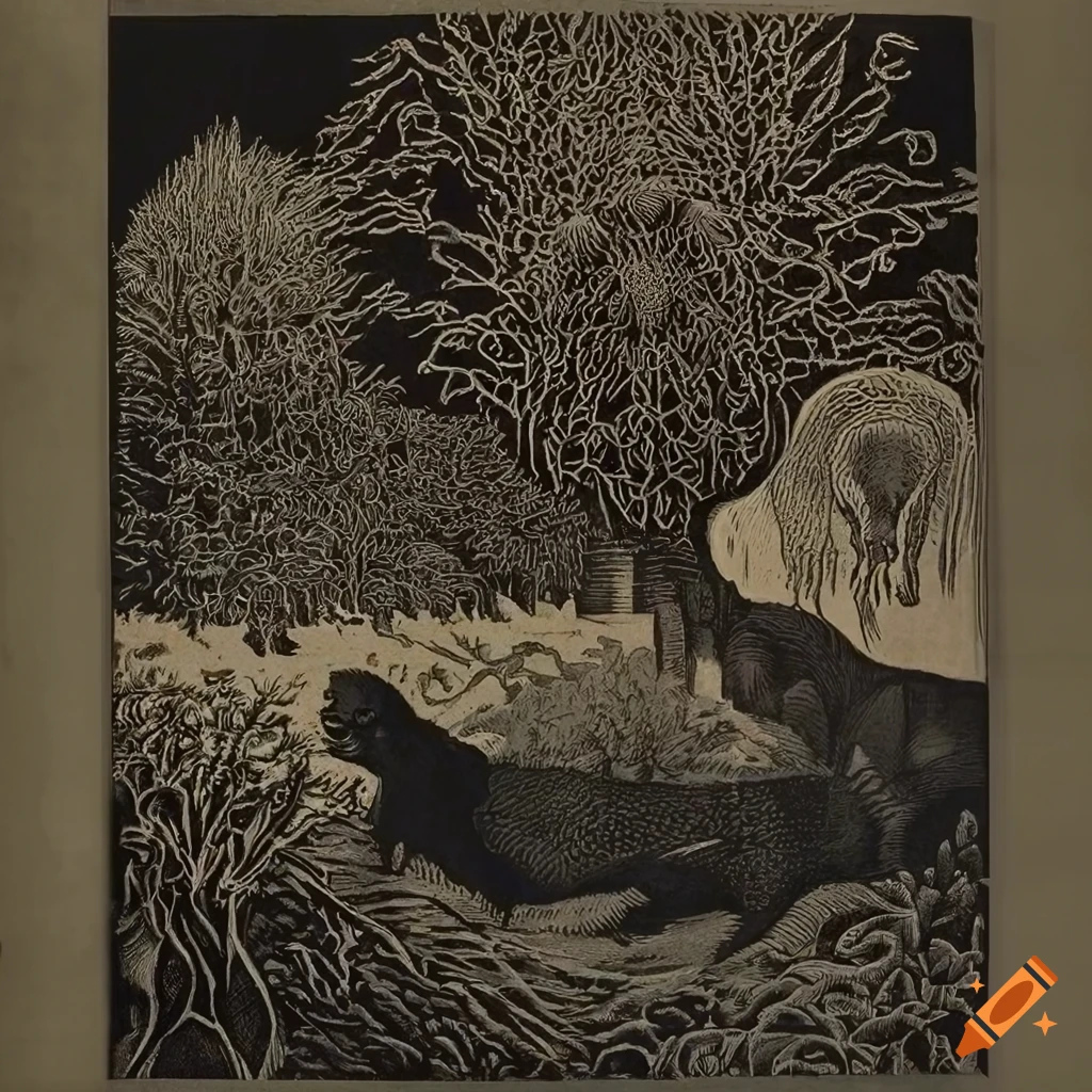 Woodcut print of animals and masks in a garden on Craiyon