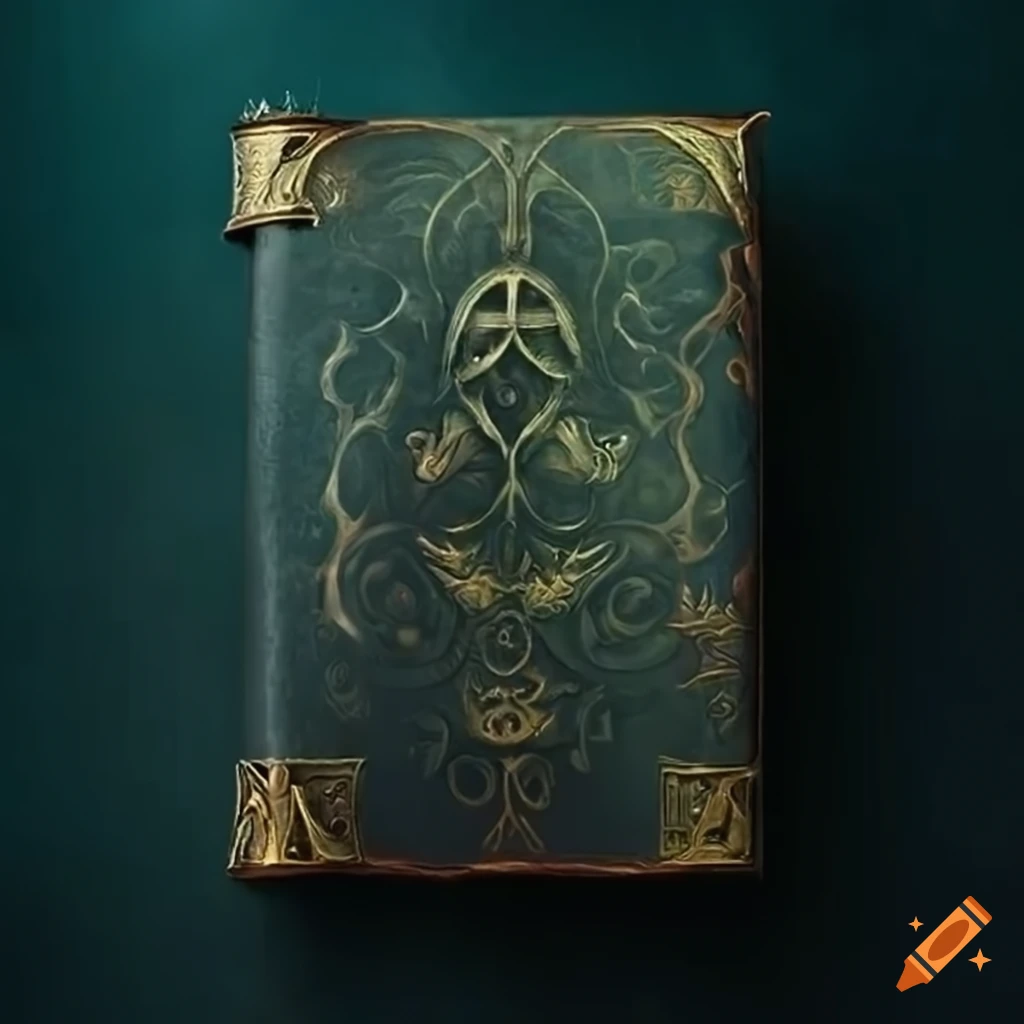 Fantasy magic tome book with green glow on black background on Craiyon