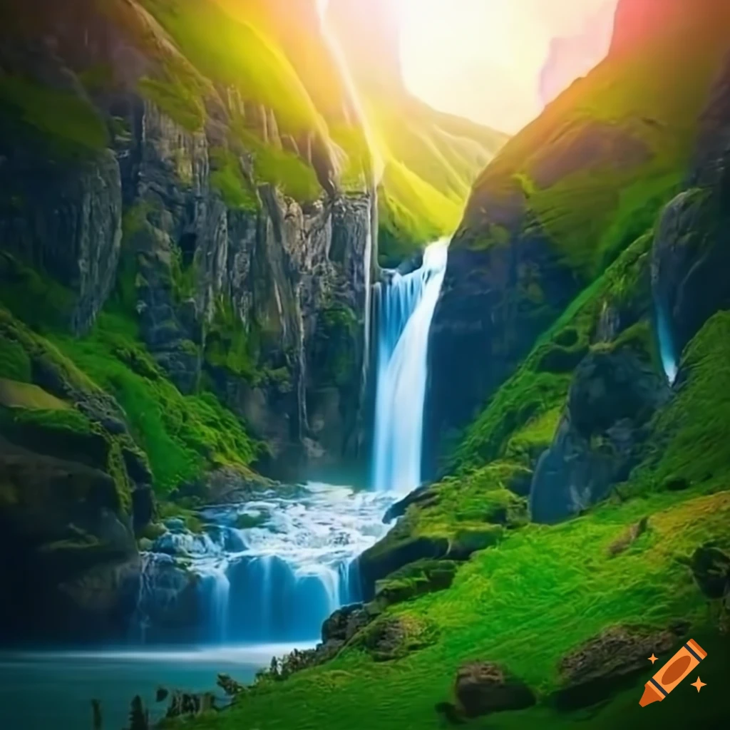 Stunning 4k mountain view with a waterfall on Craiyon