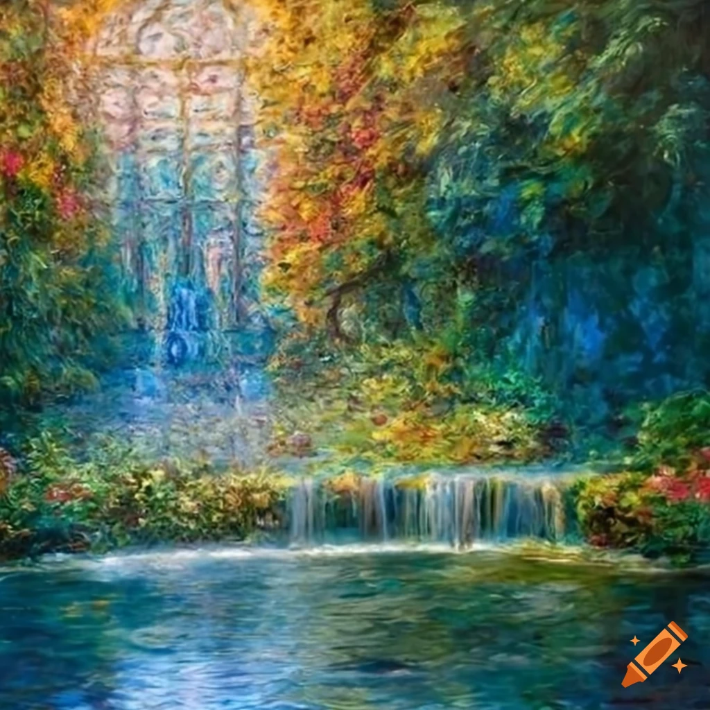 Monet-inspired painting of a Victorian garden with gold angel statues ...