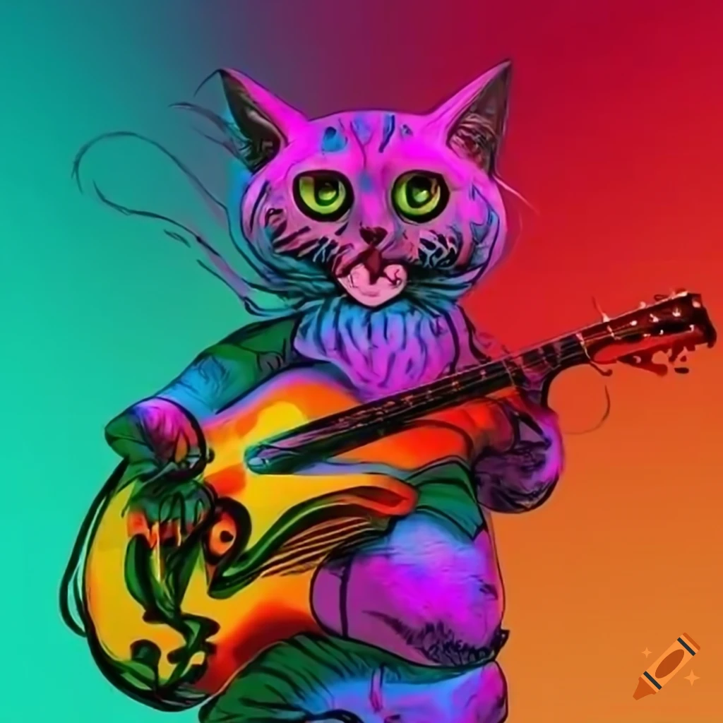 Psychedelic cat playing guitar