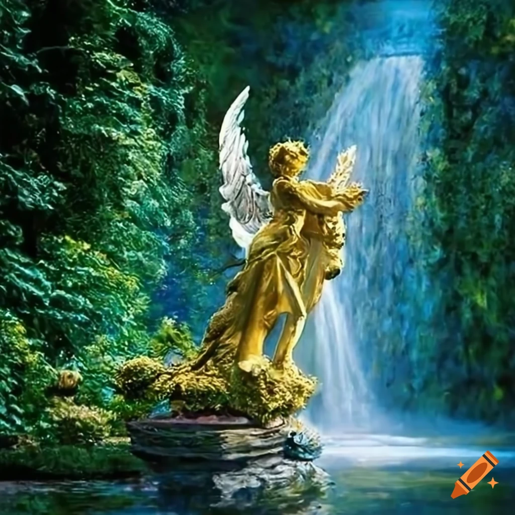 Viktorian garden with gold angel statues and waterfall on Craiyon