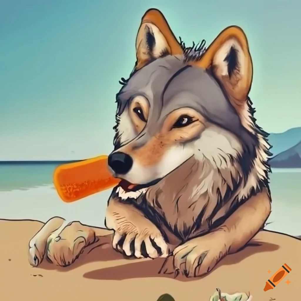 Wolf relaxing at the beach on Craiyon