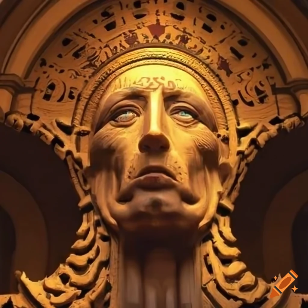 Exploring big throne hall in ancient ruins with golden statues on Craiyon