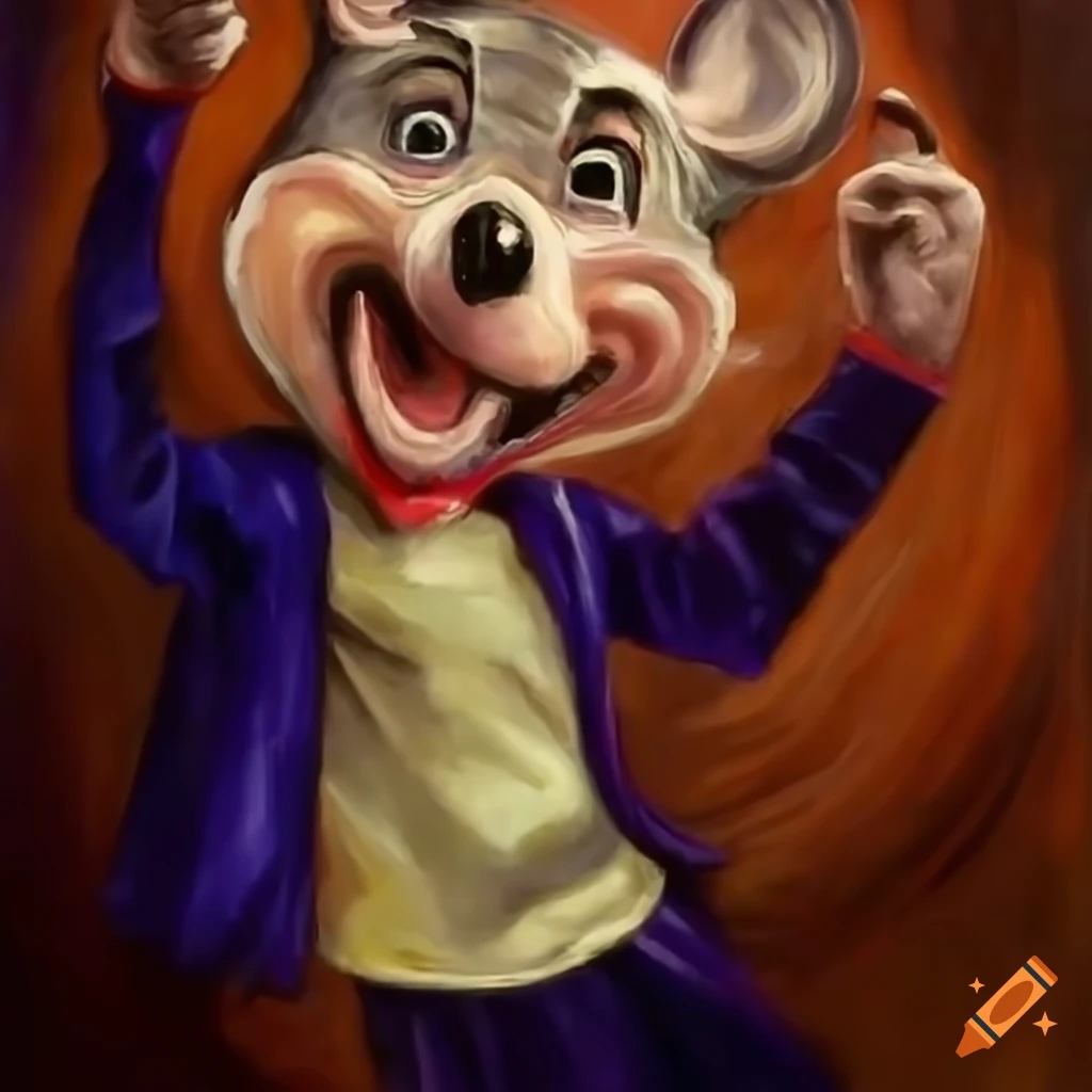 Lively painting of cardinal copia and chuck e. cheese dancing