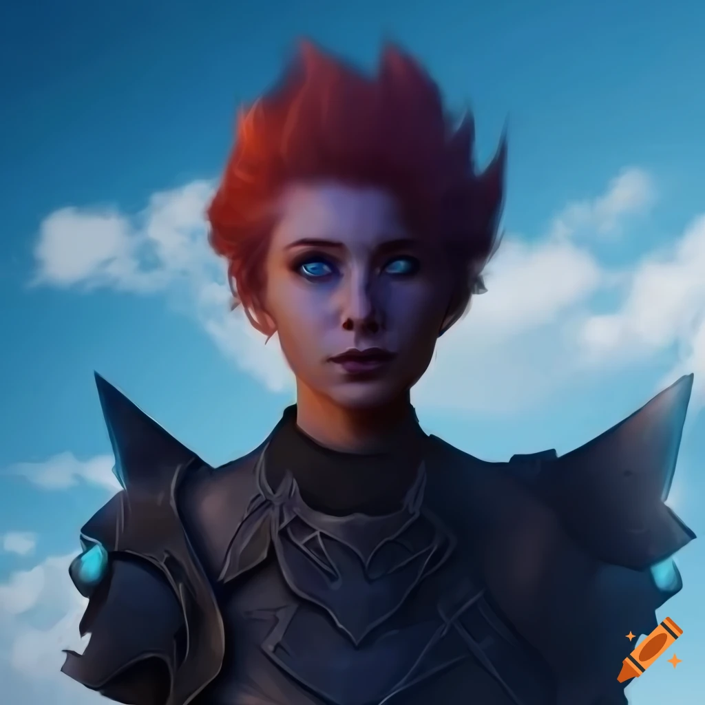 Portrait of a woman with fiery hair and blue skin