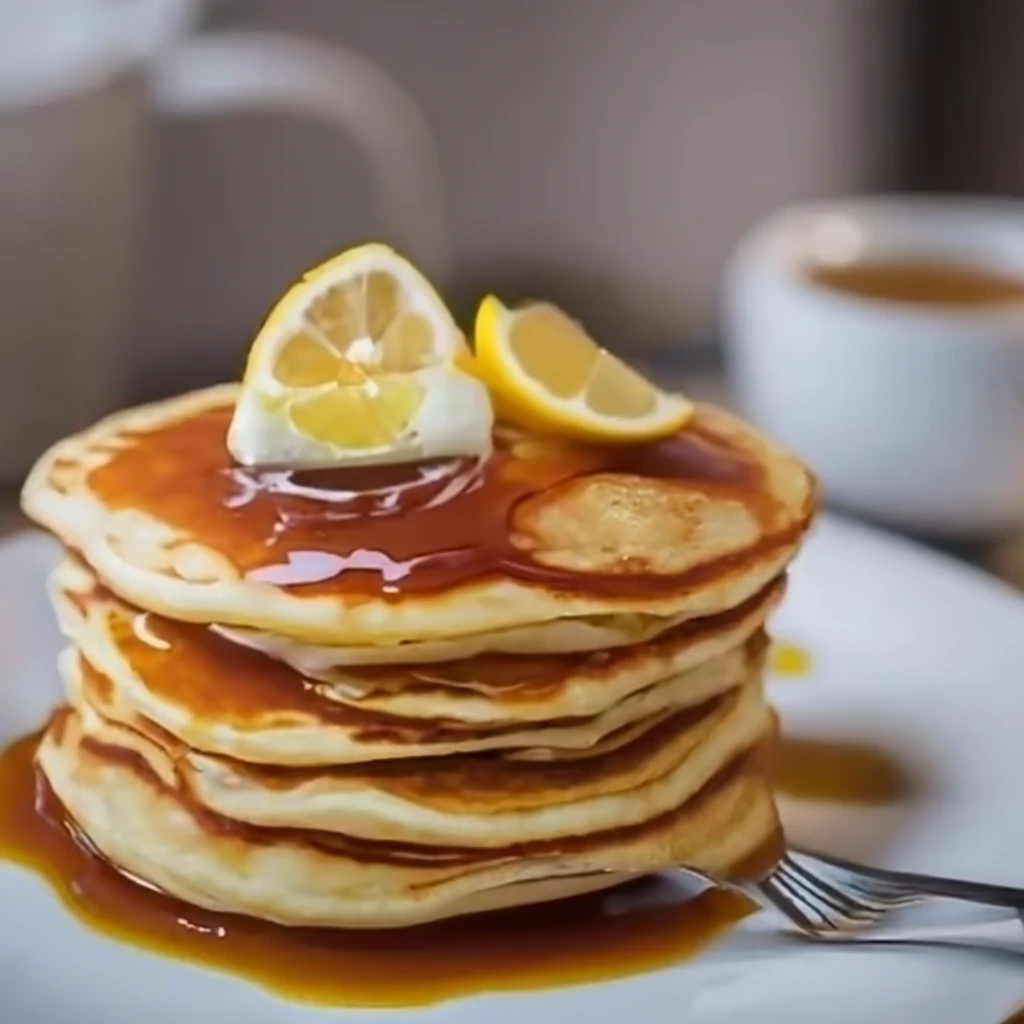 Stack of delicious lemon syrup pancakes