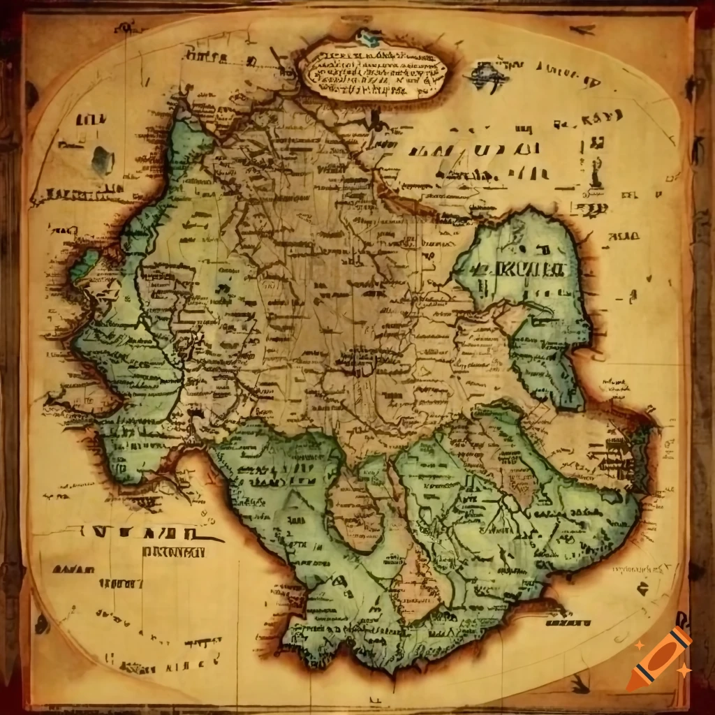 Medieval map of a fictional continent on Craiyon