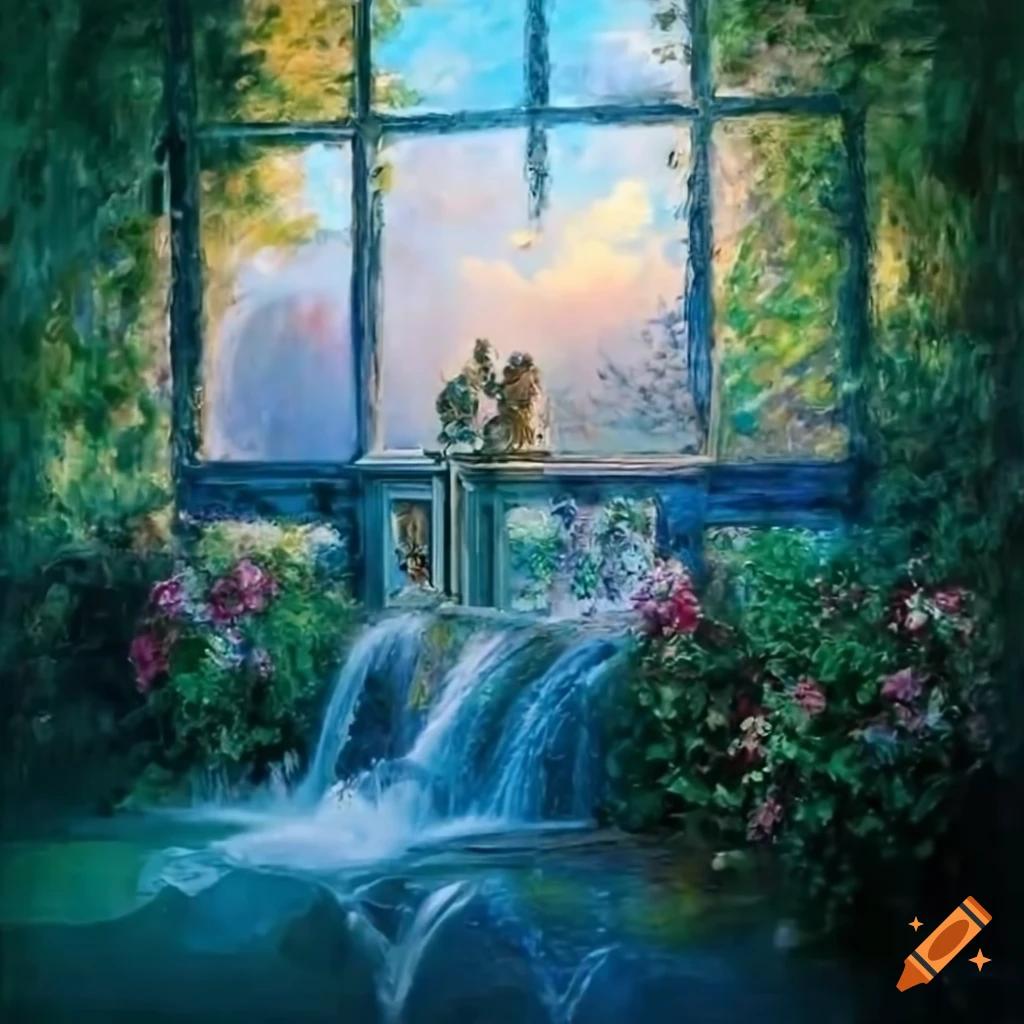 Monet's Victorian garden painting with gold angel statues and tall ...