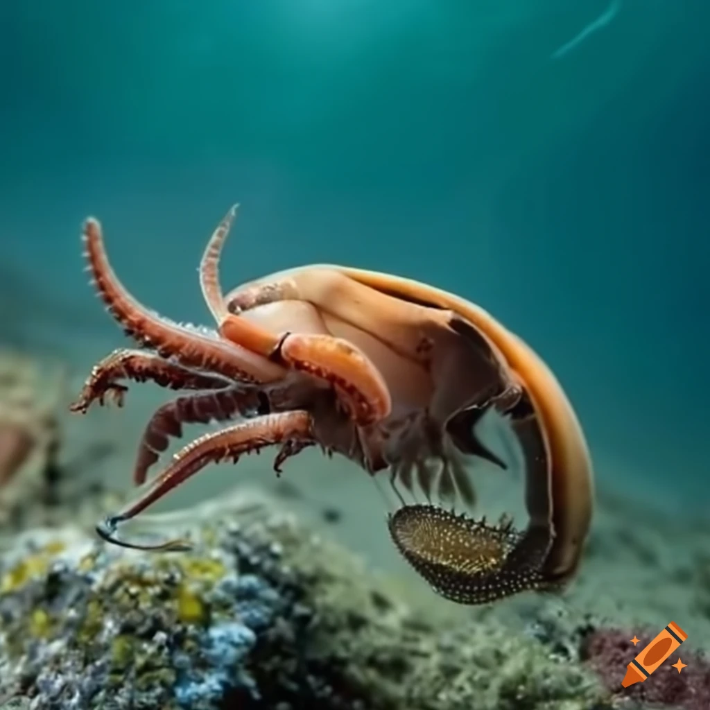 Velvet worm fighting a horseshoe crab in the cambrian ocean on Craiyon