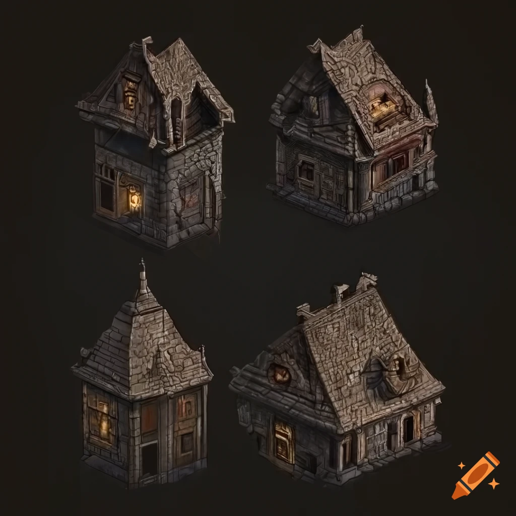 Isometric illustration of an abandoned house on Craiyon