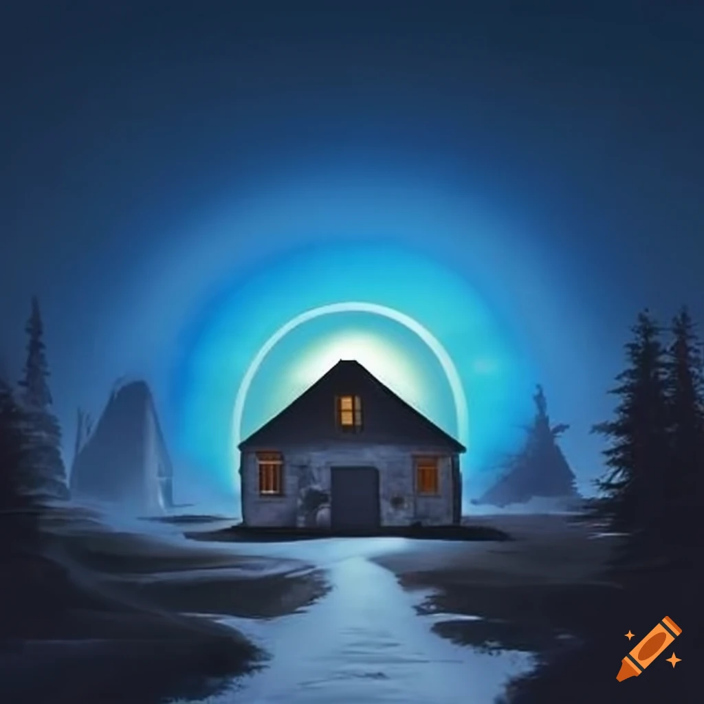 Artistic depiction of a house with a blue sun